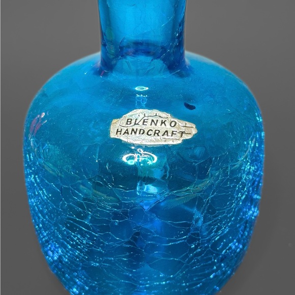 BLENKO | Other | Vintage Blenko Blue Crackle Vase Hand Blown Small ...